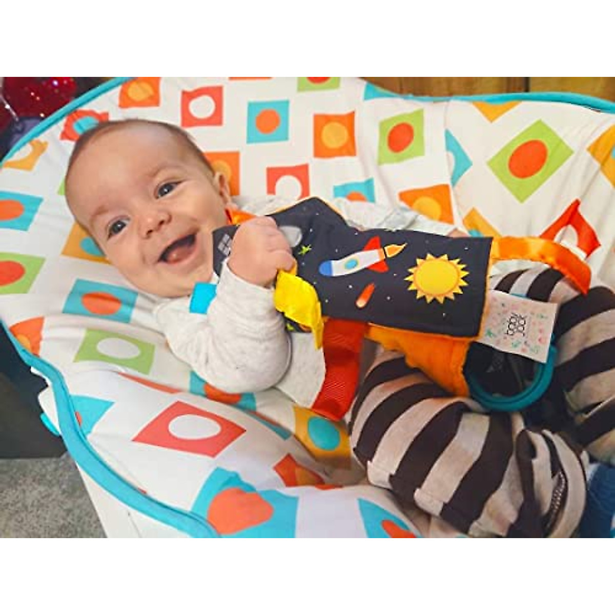 Baby Sensory, Security & Teething Closed Ribbon Tag Lovey Blanket with Minky Dot Fabric: 14X18 (Outer Space)