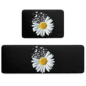 White Daisy Kitchen Mat Set of 2, Anti Fatigue Comfort Floor Mats for Kitchen Living Room Laundry Waterproof Non Skid Standing Rug Set, Butterfly Petals