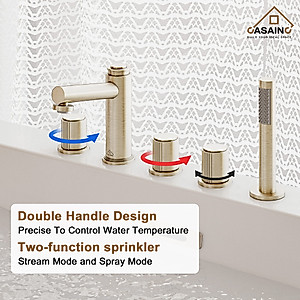 CASAINC Bathtub Faucet Set, Roman Tub Faucet with Hand Shower 5 Hole, Bathtub Faucet Set with Deck Mount Tub Faucet with Sprayer Single Handle (Brushed Gold)