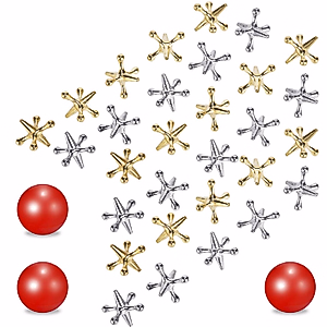 Legigo 3 Sets Retro Metal Jacks and Ball Game Toys Kit,Include 3 Pieces Red Rubber Balls and 30 Pieces Gold and Silver Metal Jacks for Kids and Adults,Classic Game of Jacks for Party Favor