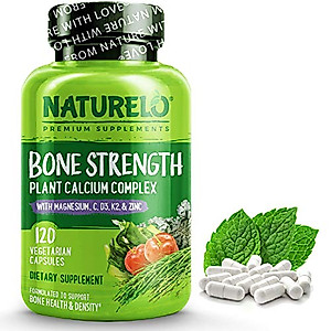 NATURELO Bone Strength - Plant-Based Calcium, Magnesium, Potassium, Vitamin D3, VIT C, K2 - GMO, Soy, Gluten Free Ingredients - Whole Food Supplement for Bone Health - 120 Vegan Friendly Capsules