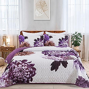 Dintszyayue Floral Quilt Set King Size, 3 Pieces Purple Flower Quilt Coverlet Set with 2 Pillowcases Lightweight Microfiber Bedspread All Season King 104"x90"