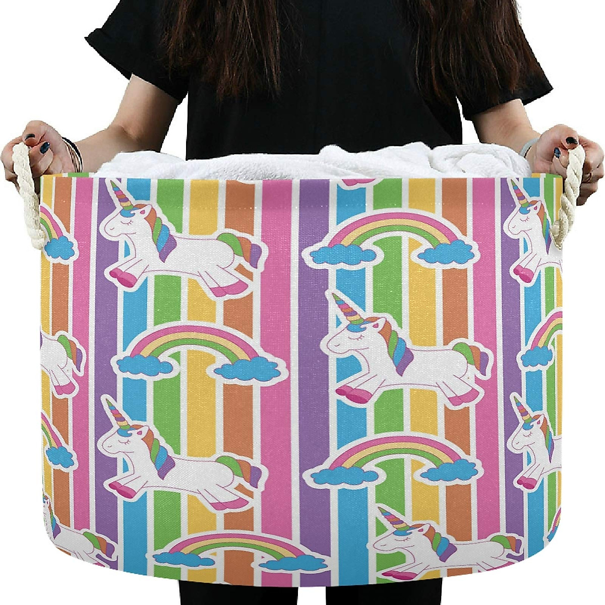 visesunny Storage Basket Unicorn Rainbow Stripe Nursery Hamper Basket Clothes Toy Storage Organizer Bin Box Collapsible Laundry Bag for Kid Room,Playroom,Bathroom,Living Room,Dorm