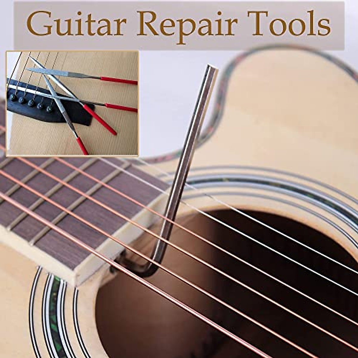 GOCOHHI Guitar Repairing Tool Kit Wire Plier,String Organizer,Fingerboard Protector,Hex Wrenches, Files, String Ruler Action Ruler, Spanner Wrench,Bridge Pins for Guitar Ukulele Bass Mandolin (26 PCS)