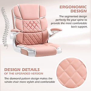 Pink Desk Chair Ergonomic Office Chair Lumbar Support Desk Chairs with Wheels and Flip-up Armrest Adjustable PU Leather Computer Chair Backward Tilt, Pink
