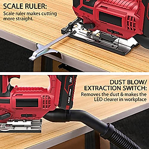 Jigsaw, 20V Cordless Jig Saws with LED, 10Pcs Blades, 4 Orbital Settings, Variable Speed, ±45° Bevel Cutting, Scale Ruler, Tool-free Blade Changing, Battery & Carrying Bag & Fast Charger Included（A）