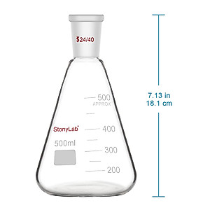 StonyLab Glass 24/40 Erlenmeyer Flask, Borosilicate Glass Heavy Wall Flask with 24/40 Standard Taper Outer Joint, 500ml