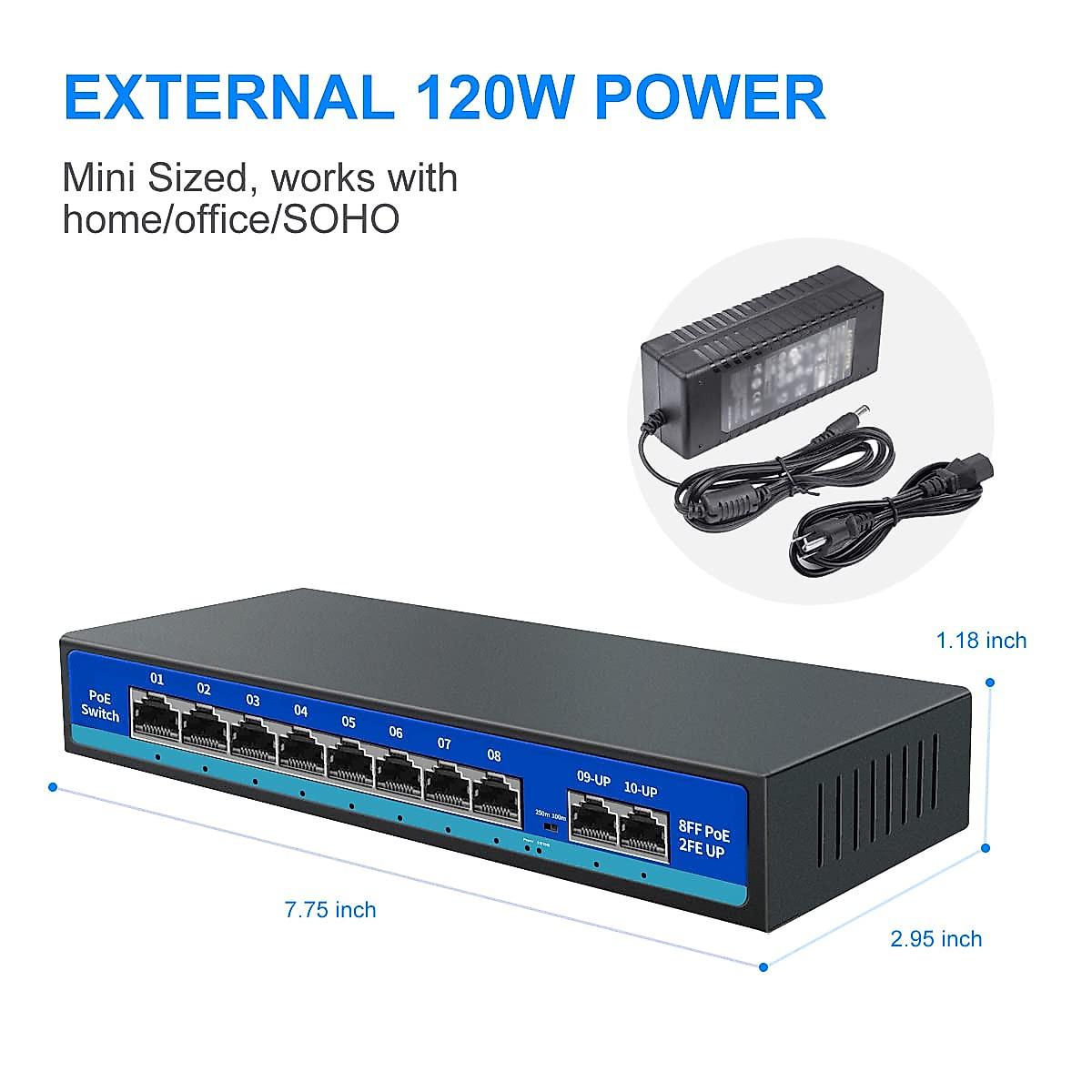 8 Port PoE Switch with 2 Uplink Ports, 120W Poe Switch, IEEE 802.3af/at, Unmanaged, Metal Housing, Fanless Design, PoE Switch for IP Cameras, PoE Devices