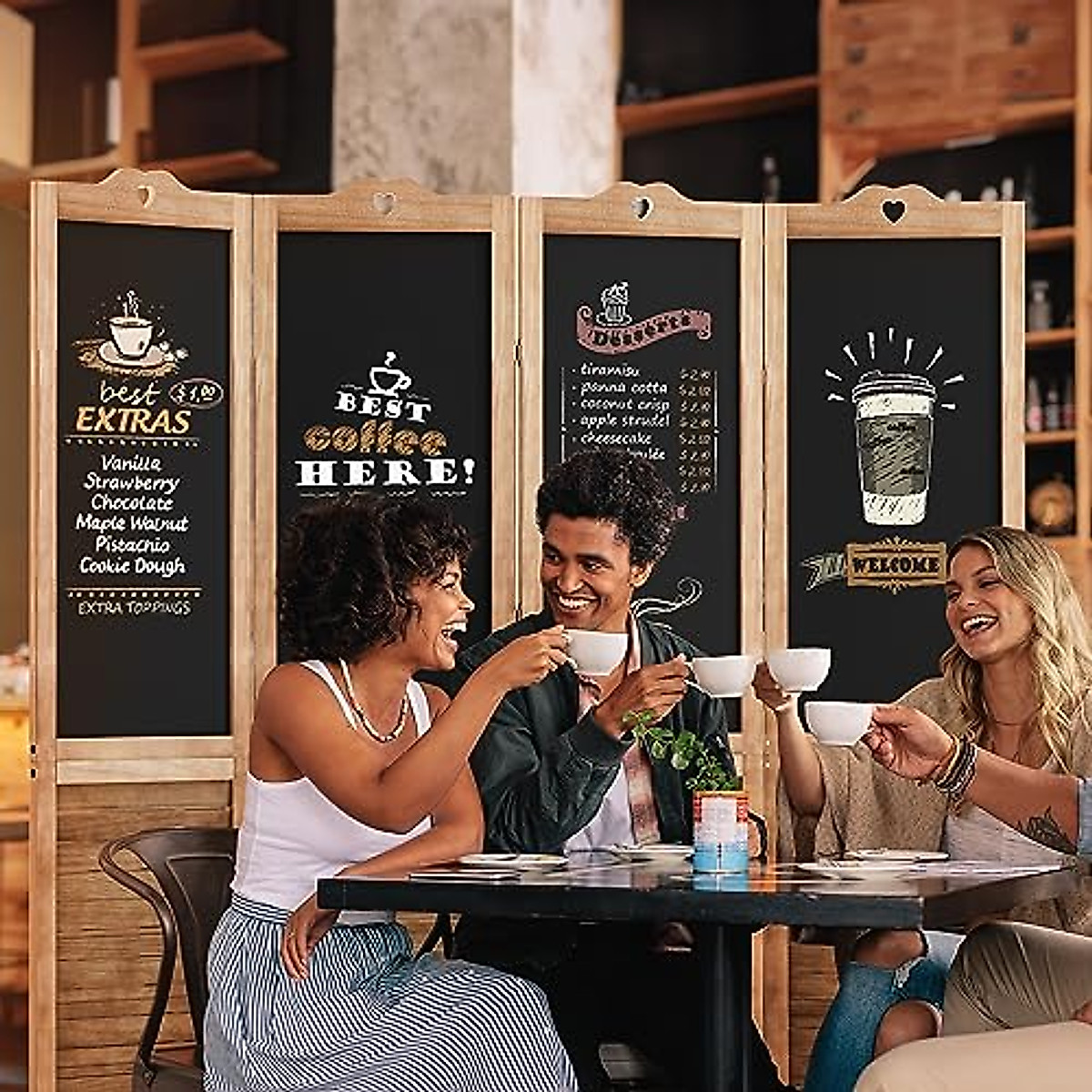 YITAHOME Wood Room Divider 4 Panel Folding Privacy Screens with Chalkboard, Freestanding Portable Privacy Screen Room Partition for Bedroom, Living Room, Study, Hotel, Office