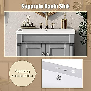 VKKILPEE 24 inch Bathroom Vanity Sink Combo Freestanding Bathroom Vanity with Top Sink, Bath Vanity Storage Cabinet with Large Storage Shelves, Modern Single Sink Bathroom Cabinet, Grey