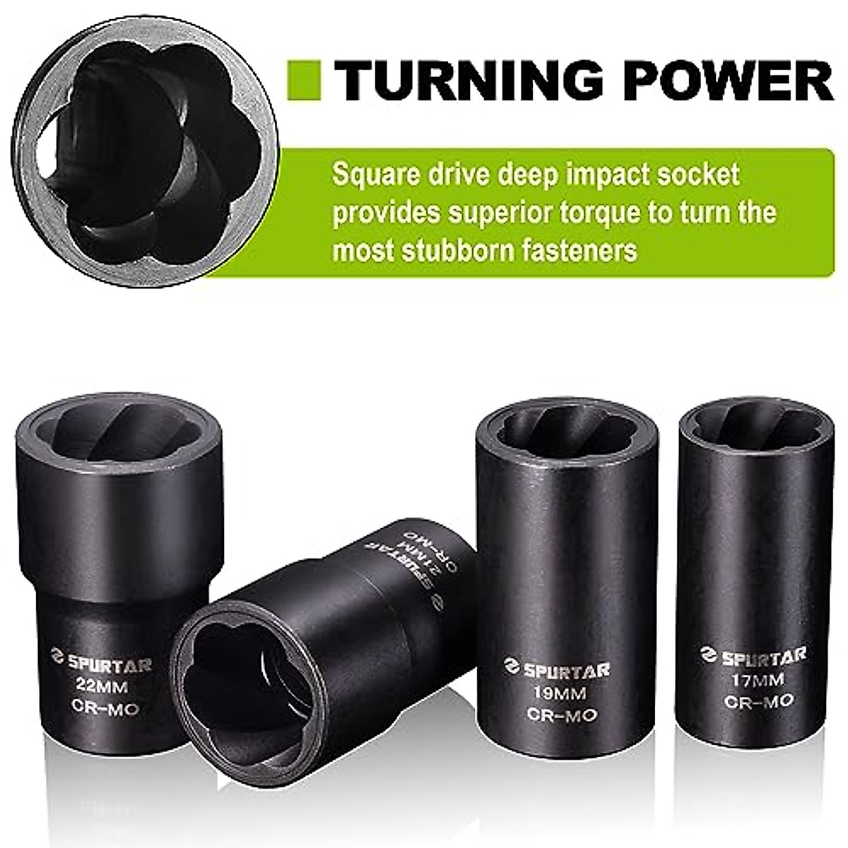 Spurtar 5 Pcs Twist Socket Set, Stripped Lug Nut Remover Wheel Lock Removal Kit Extractor Set for Removing Damaged, Dead, Rusted, Rounded-Off Bolts, Nuts & Screws-17MM,19MM, 21MM, 22MM