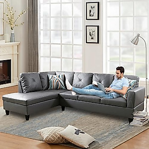 97" W Sectional Couches for Living Room, Sectional Sofas for Living Room, Modular Sectional Sofa with Storage Ottoman, L Shaped Couch, Faux Leather Couch for Living Room Furniture Sets, Dark Grey