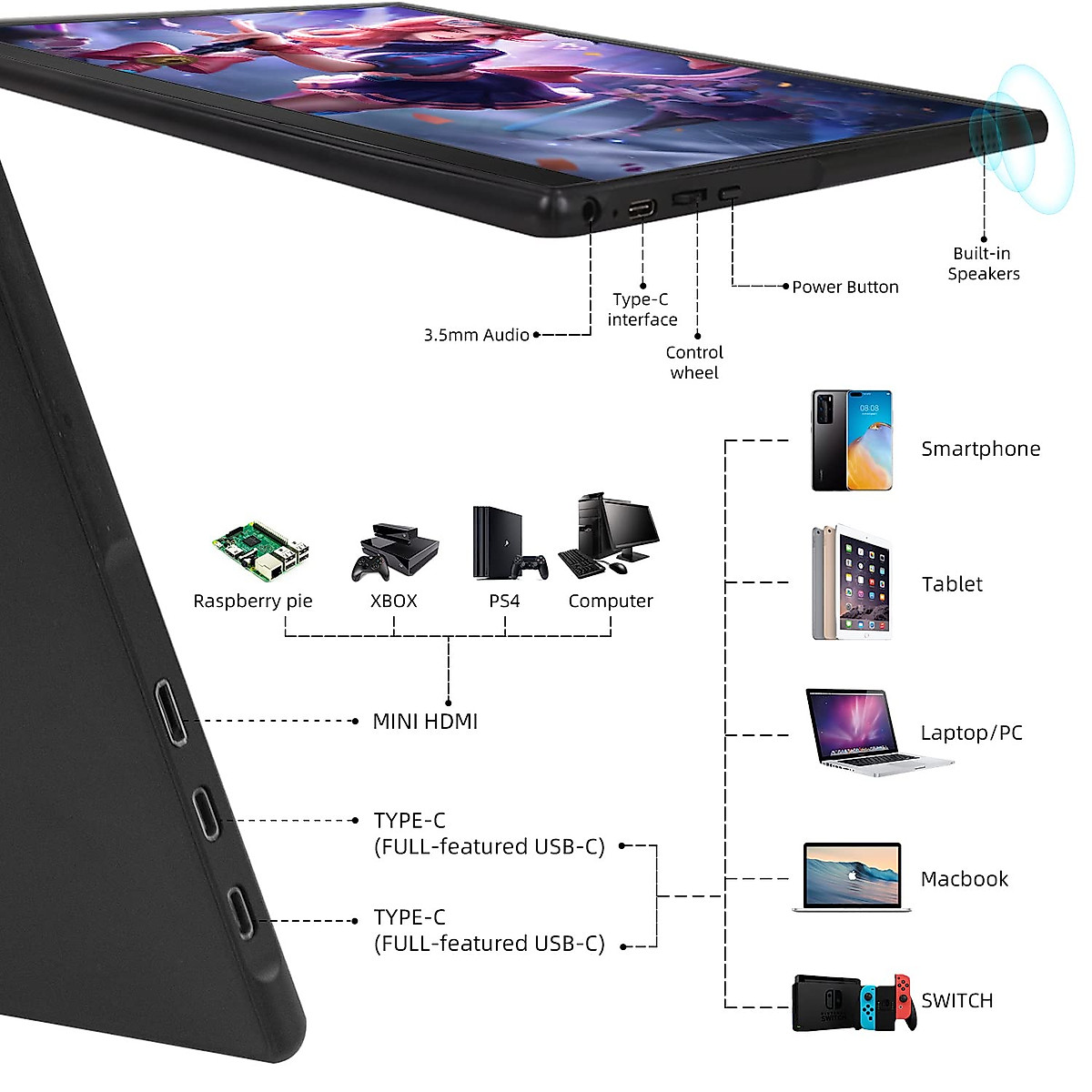 Prechen Portable Monitor 15.6 Inch FHD 1080P USB-C Portable Laptop Monitor HDMI Gaming Monitor OTG & Dual Speakers, External Computer Display for PC MAC Phone Xbox PS4 Switch