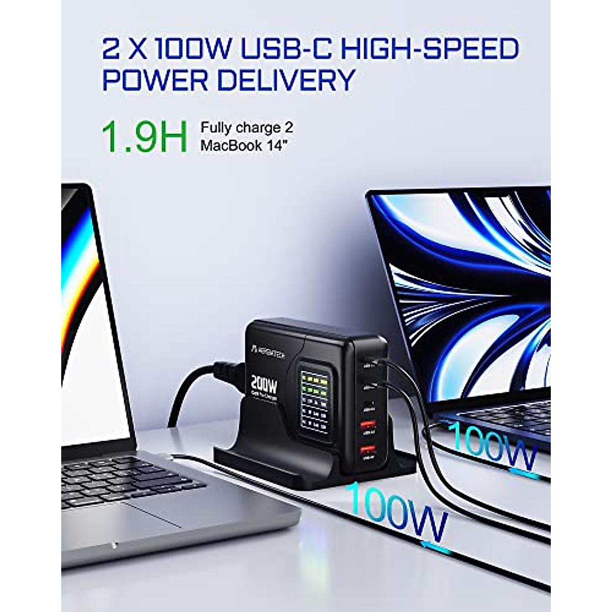 200W USB C Charger, Aergiatech Desktop 5-Port PD 100W Type C 65W PPS GaN Charger Fast Charging Station with LCD Display, Laptop Power Adapter for MacBook Pro/Air iPhone 14 Pro Max, Samsung Galaxy