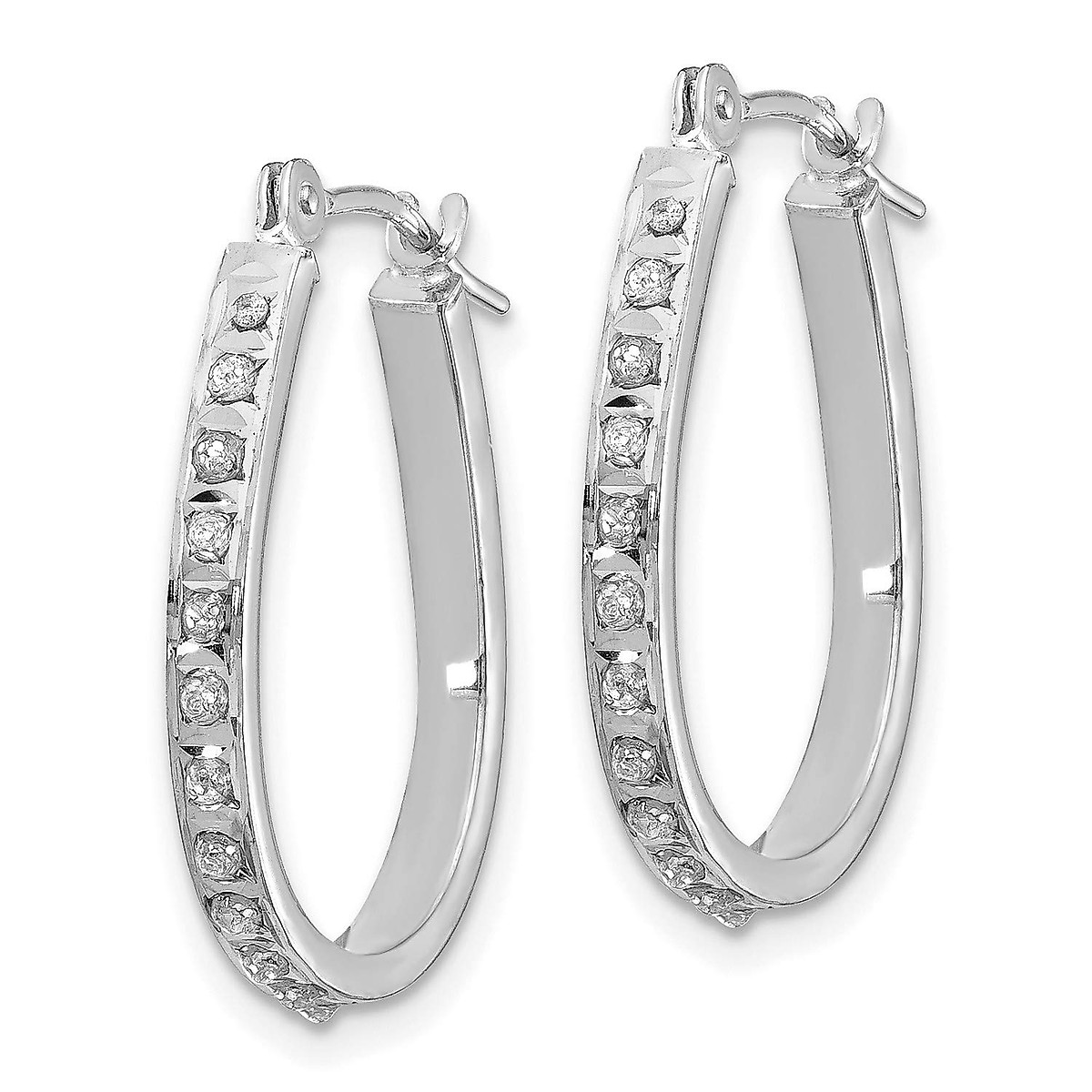 14k White Gold White Diamond Fascination Oval Hinged Hoop Earrings 18x2 mm (0.01 cttw, I1-I3 Clarity, I-J Color)