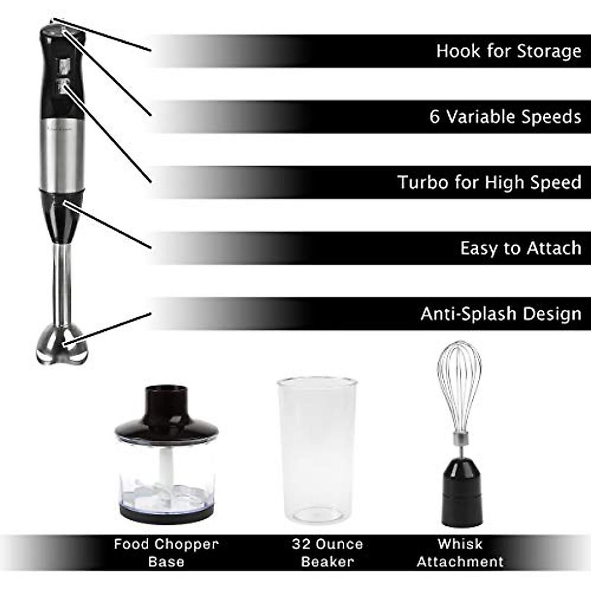 Classic Cuisine Immersion Blender-4-In-1 6 Speed Hand Mixer Set Whisk, Food Processor Cup, 32oz. Beaker, For Soup, Milkshakes, Salsa, Black