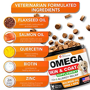 Omega 3 for Dogs - Dog Skin and Coat Supplement - Fish Oil for Dogs Chews - Allergy and Dog Itch Relief - Dog Anti Shedding Supplement - Dog Dry Skin Treatment - Salmon Oil - Made in USA - 120 Treats