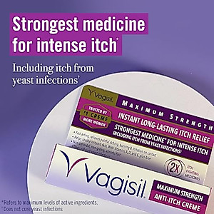 Vagisil Maximum Strength Feminine Anti-Itch Cream with Benzocaine for Women, Helps Relieve Yeast Infection Irritation, Gynecologist Tested, Fast-acting, Soothes and Cools Skin, 1 oz