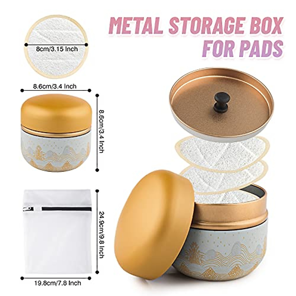 Veemos Reusable Cotton Rounds,14 Pieces Dual Sided Makeup Remover Pads with Washable Laundry Bag & Storage Box,Eco Friendly Bamboo Cotton Pads (Cream)