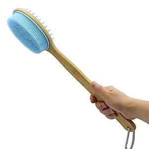HONOMA Exfoliating Silicone Back Scrubber Brush with Long Handle,Easy to Clean,Bath Body Brush Lathers Easily, Long Lasting, and More Hygienic Than Traditional Loofah Mesh Sponge.