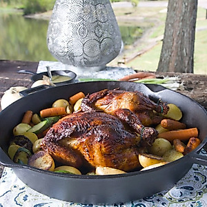 Bayou Classic 7439 16-in Cast Iron Double-Handled Skillet w/Pour Spouts Features Large Loop Handles Perfect For Breakfast Roast Pan Frying Sautéing and Baking