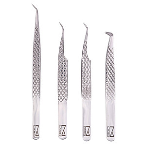 M LASH Tweezers for Eyelash Extensions (Set of 4) - Professional Lash Extension Tweezers - Fiber Tip, Japanese Steel, Diamond Grip Eyelash Extension Tweezer (Silver)