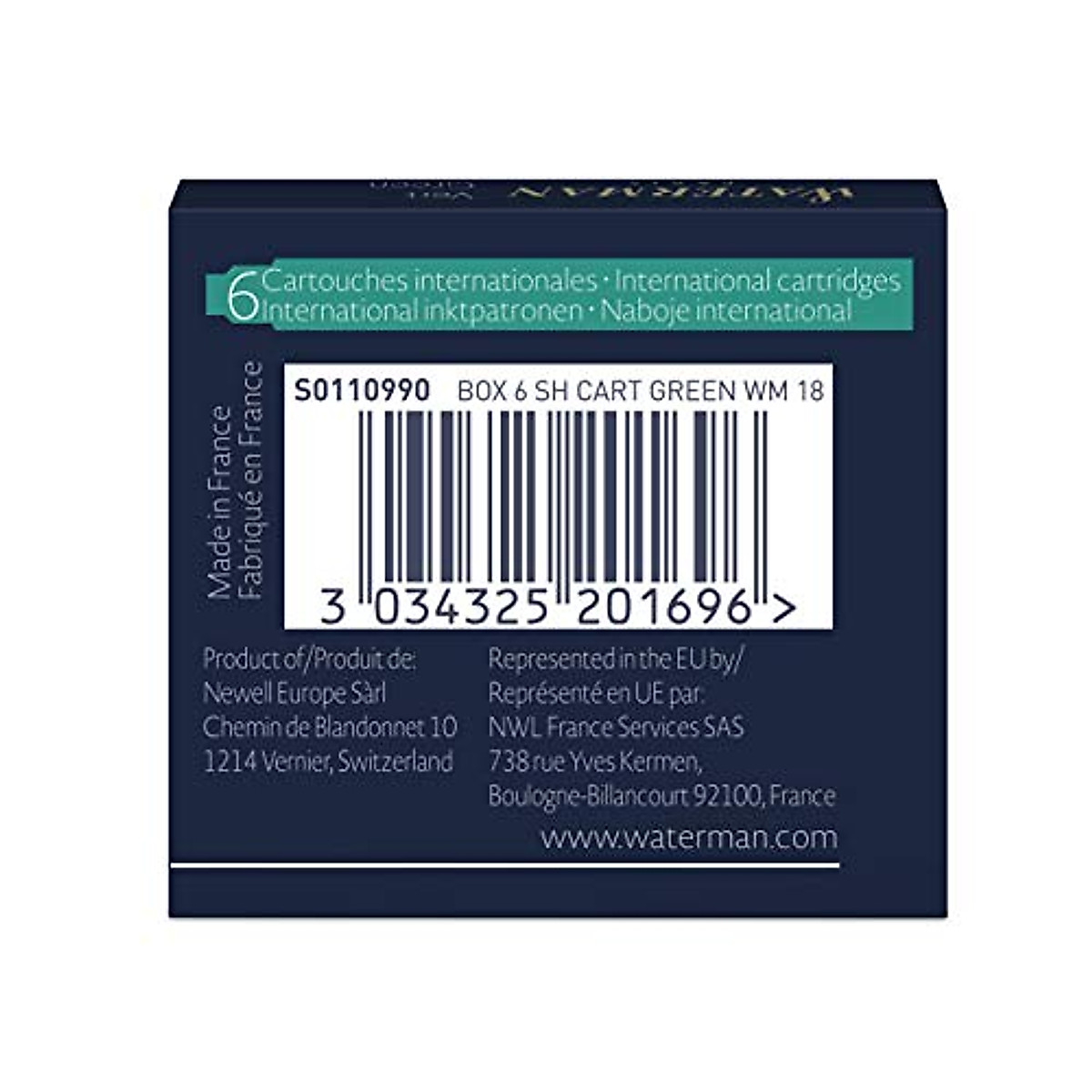 Waterman Fountain Pen Ink Cartridges, Short 'International', Harmonious Green, 6 Count