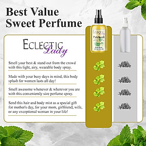 Body Spray for Women, 8 Oz Patchouli Essential Oil Body Mist with Long-Lasting Fragrance, Earthy & Clean Scent Reminiscent of the 1960s & 70s, Light, Subtle Perfume with Wood Notes, 100% Paraben Free