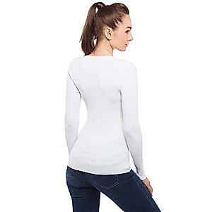 AmélieBoutik Women V Neck Long Sleeve Ribbed Pullover Knit Sweater Top (Ivory White Medium)