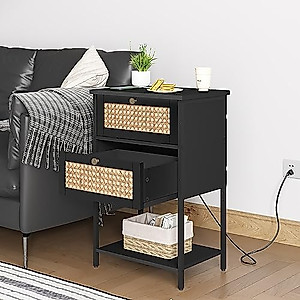 End Table with Charging Station, 2 Tier Rattan Decorated Nightstand with USB Ports and Outlets, Bedside Table with Drawer, Black Modern Sofa Side Table for Bedroom, Living Room, Office
