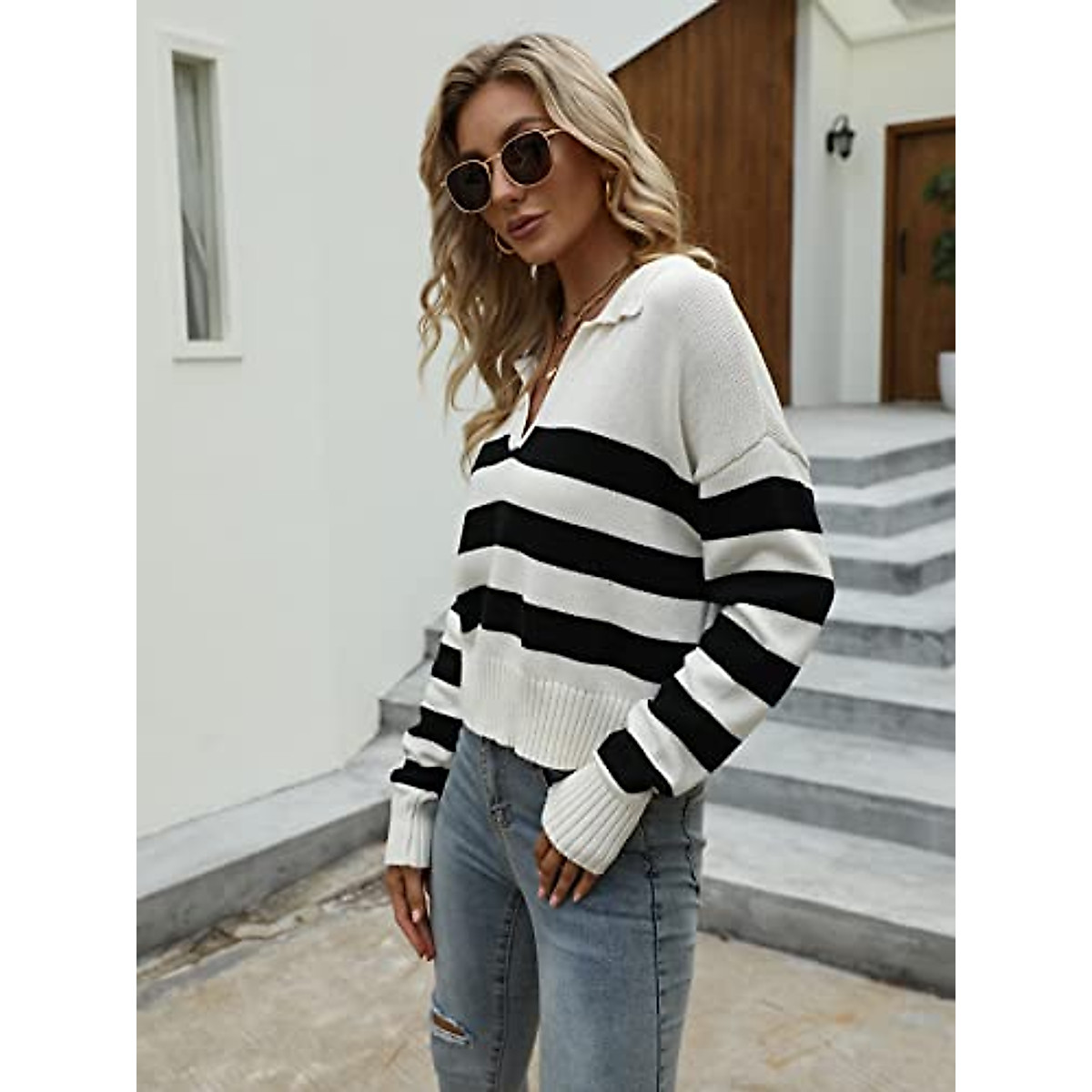 SHENHE Women's Casual Long Sleeve Knit Sweater V Neck Striped Pullover Jumper Tops White L
