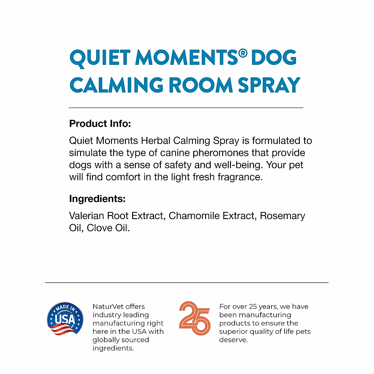 NaturVet Quiet Moments Herbal Calming Room Spray Dog Supplement – Ideal for Cars, Dog Crates, New Environments – Helps Reduce Pet Stress, Storm Anxiety, Motion Sickness – 8 Oz.