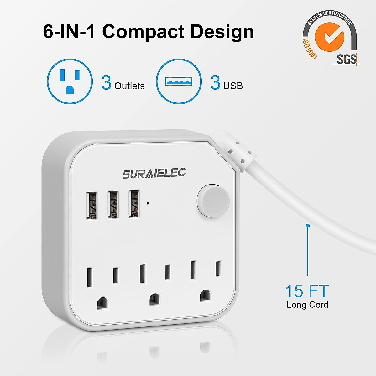 Suraielec 15 FT Long Extension Cord, 3 Outlet Desk Power Strip with USB, 3 USB Ports Small Desktop Charging Station, 45 Degree Flat Plug, Portable for Travel/Home, Indoor, White