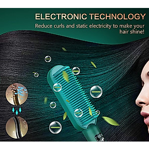 Hair Straightener Brush, Ionic Straightening Brush, Ceramic Hot Comb with LED Display, Anion Generator, 3 Heat Levels, Anti Scald, Fast Heating & Auto Off Safe for Home, Travel and Salon (Green)