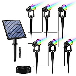 APONUO Solar Spot Lights Outdoor Color Changing, 2 Colors Modes Solar Landscape Lighting RGB Spotlights Waterproof 6-in-1 Wall Lamp for Patio, Pathway, Yard, Garden, Holiday Decoration (Multi-Color)