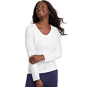 Hanes Comfortblend Women's Originals Long Sleeve Cotton T-Shirt, Lightweight V-Neck Tee, Modern Fit, White, Medium
