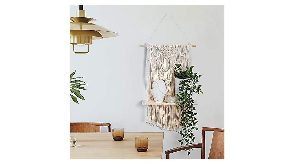 KALTEK Macrame Shelf with Flower Design | Boho Style with Floating Wood ...