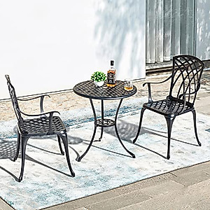 Nuu Garden 3 Piece Patio Bistro Table Set, Cast Aluminum Outdoor Patio Bistro Set Weather Resistant Chairs and Table with Umbrella Hole for Yard, Balcony, Black with Golden Powder