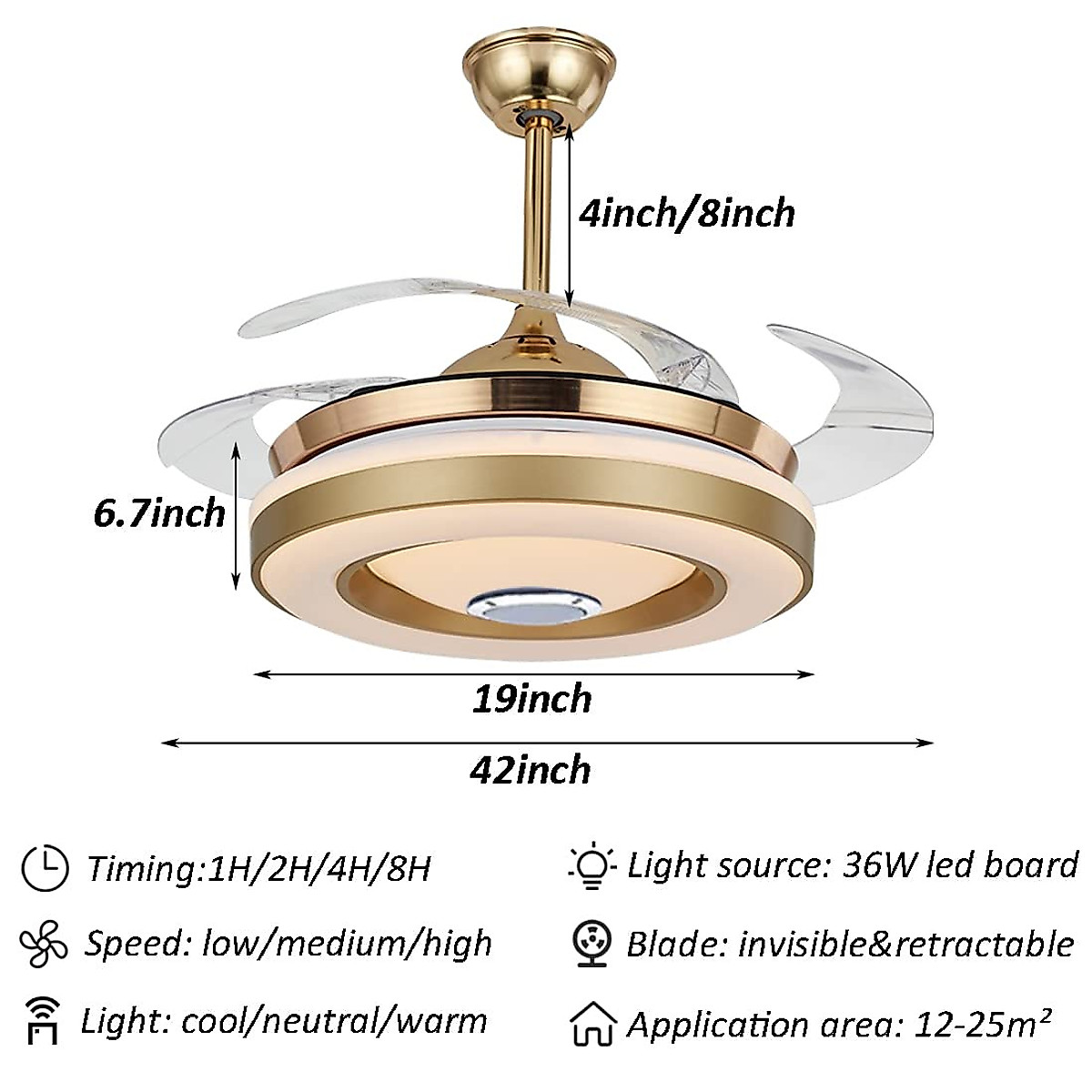 Angry Pryo 42Inch Bluetooth Ceiling Fan with Light and Speaker Music, 7 Color Dimmable LED Retractable Blades with Remote Ceiling Lighting Chandelier for Livingroom Restaurant Hall