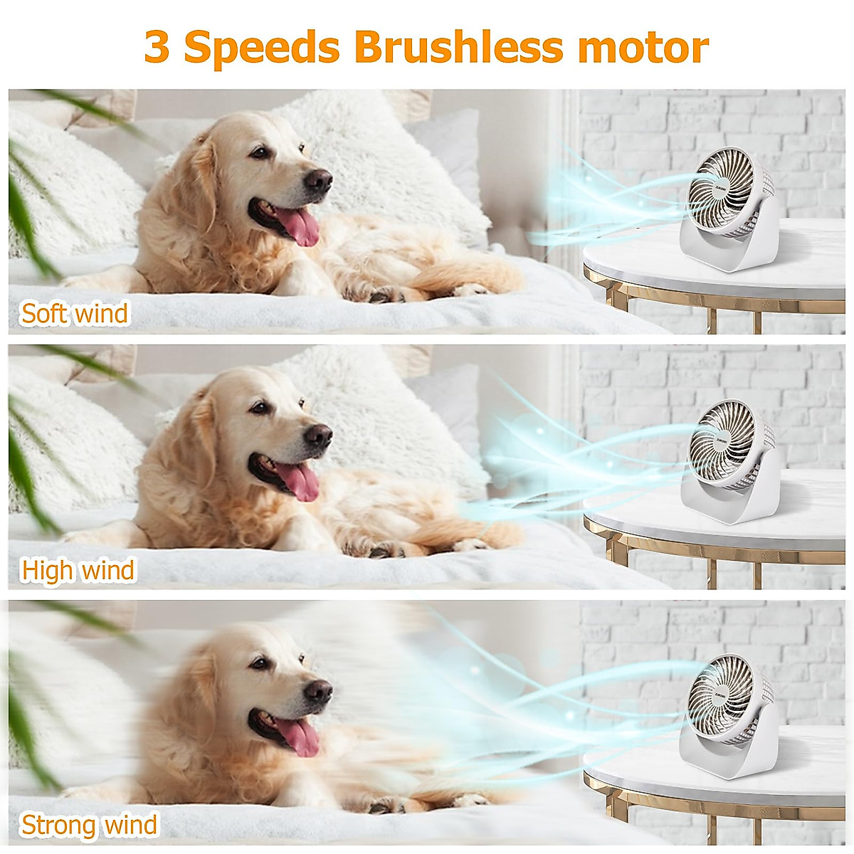 Desk Fan with Strong Airflow, 6.8 Inch Quiet Small Portable Table Fan, Brushless motor, 3 Speed Settings, 360° Adjustable Tilt Head, Rechargeable, Battery Powered Fan for Home or Office, Travel