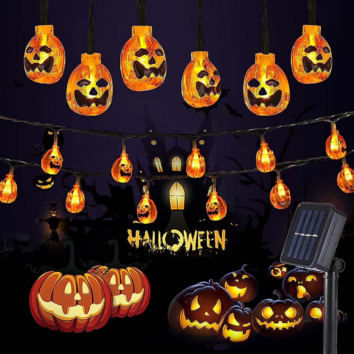 Outdoor Halloween Decorations Solar Powered 8 Modes,16Ft 20 LED Halloween Pumpkin String Lights,Waterproof Holiday Garden Tree Hanging Decorations for Party Home Thanksgiving Christmas Decor(5M)