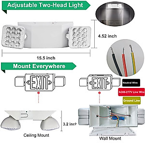 Hivotisa LED Emergency Lights with Battery Backup 6 Pack, Commercial Emergency Lights Fixture Two Head Adjustable, Hardwired Emergency Light for Business, Home Power Failure Hallway AC 120/277V