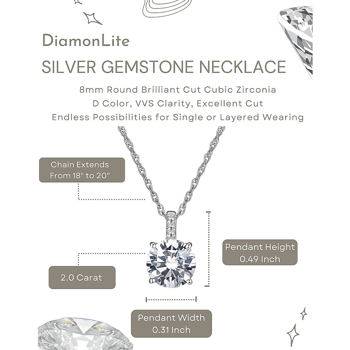 DIAMONLITE 2 Ct Round CZ 925 Sterling Silver Necklace for Women - 18" + 2" Cubic Zirconia Necklace, Round Cubic Zirconia Pendant Necklace, Sterling Silver CZ Necklace, Womens Cubic Zirconia Necklace