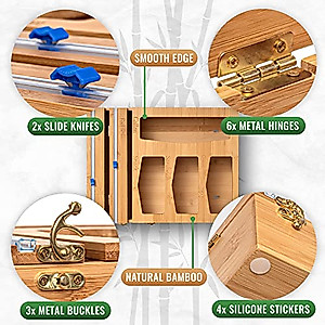 KitchenBe1 - Ziplock Bag Organizer together with Foil and Plastic Wrap Dispenser Cutter, Storage for Drawer or Wall, Zip Lock Sandwich Baggie Container Organization Bamboo, Natural (BambooBox01)