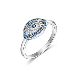 PELOVNY Evil Eye Ring Sterling Silver 925 - Turkish Evil Eye Ring - Light Blue CZ All Seeing Eye Rings For Women Size 8