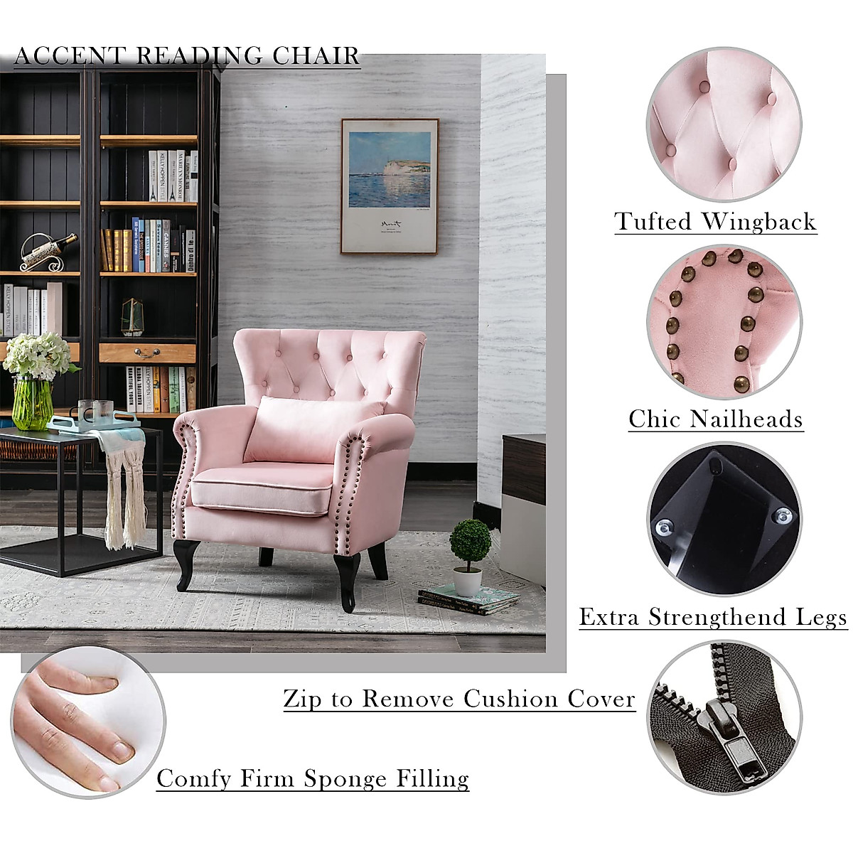 Janoray Mid Century Modern Accent Chair Upholstered Armchair Comfy Velvet Fabric Single Sofa with Tufted Wingback for Small Spaces Bedroom Living Room, Pink