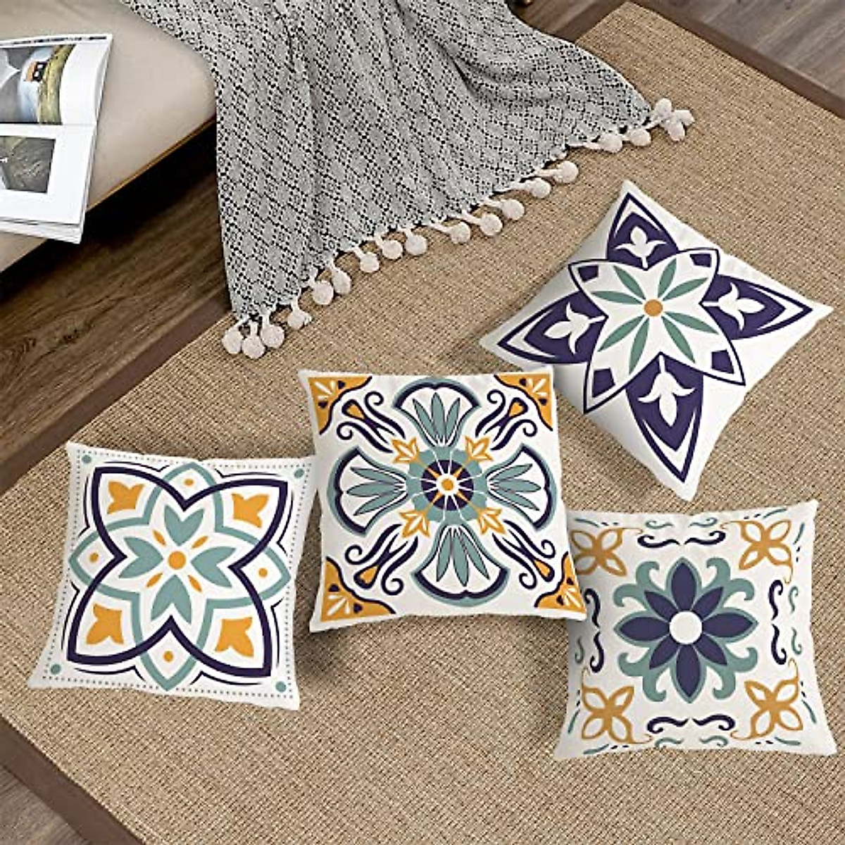 Outdoor Pillow Covers 18x18 Waterproof Outdoor Pillows for Patio Furniture Yellow and Blue Boho Outdoor Pillows Decorative Garden Cushion Couch Throw Pillows Covers Farmhouse Home Decor 