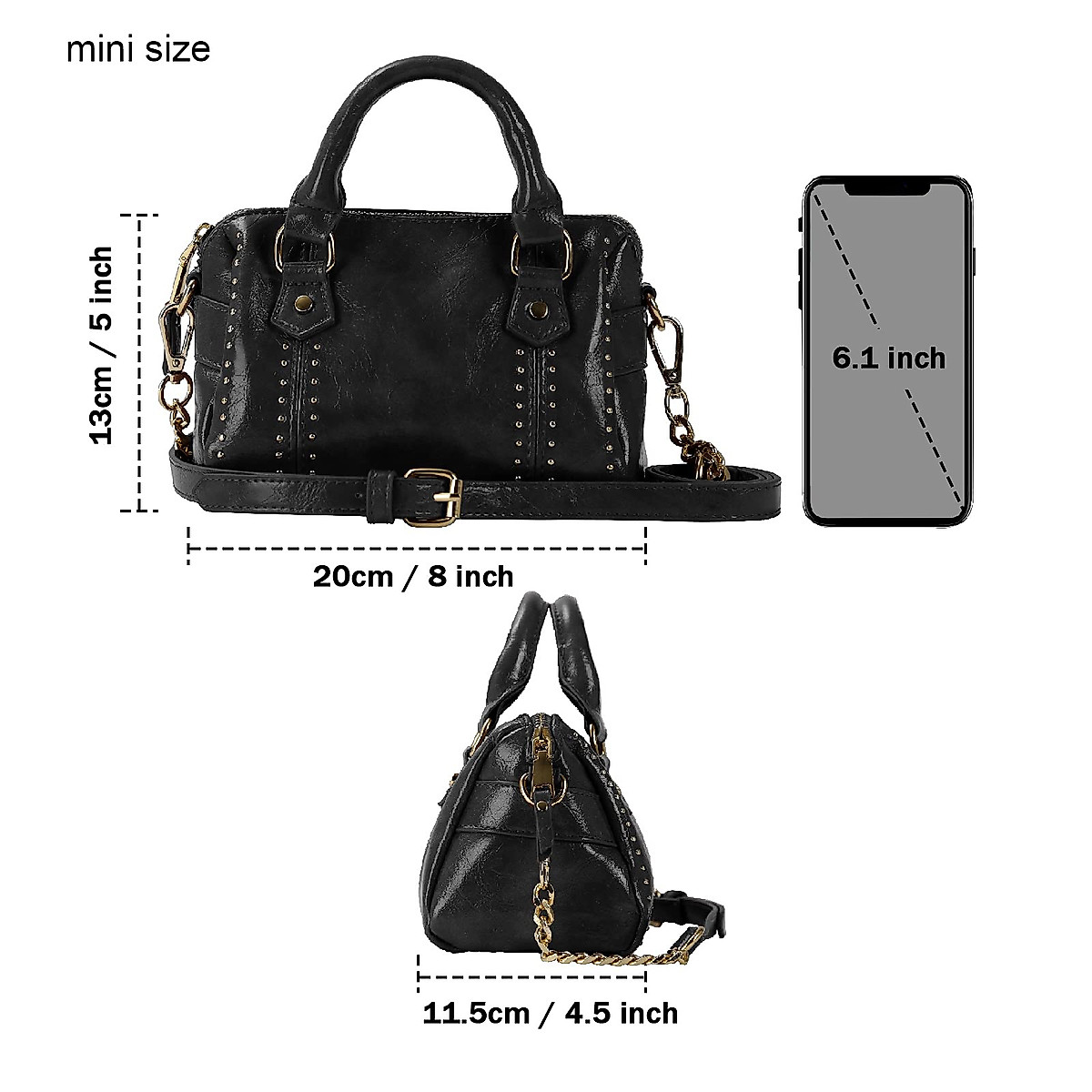 LUCSIS Women's rivets studded crossbody bag purse handbag small light weight cute mini bag PU leather (Black)