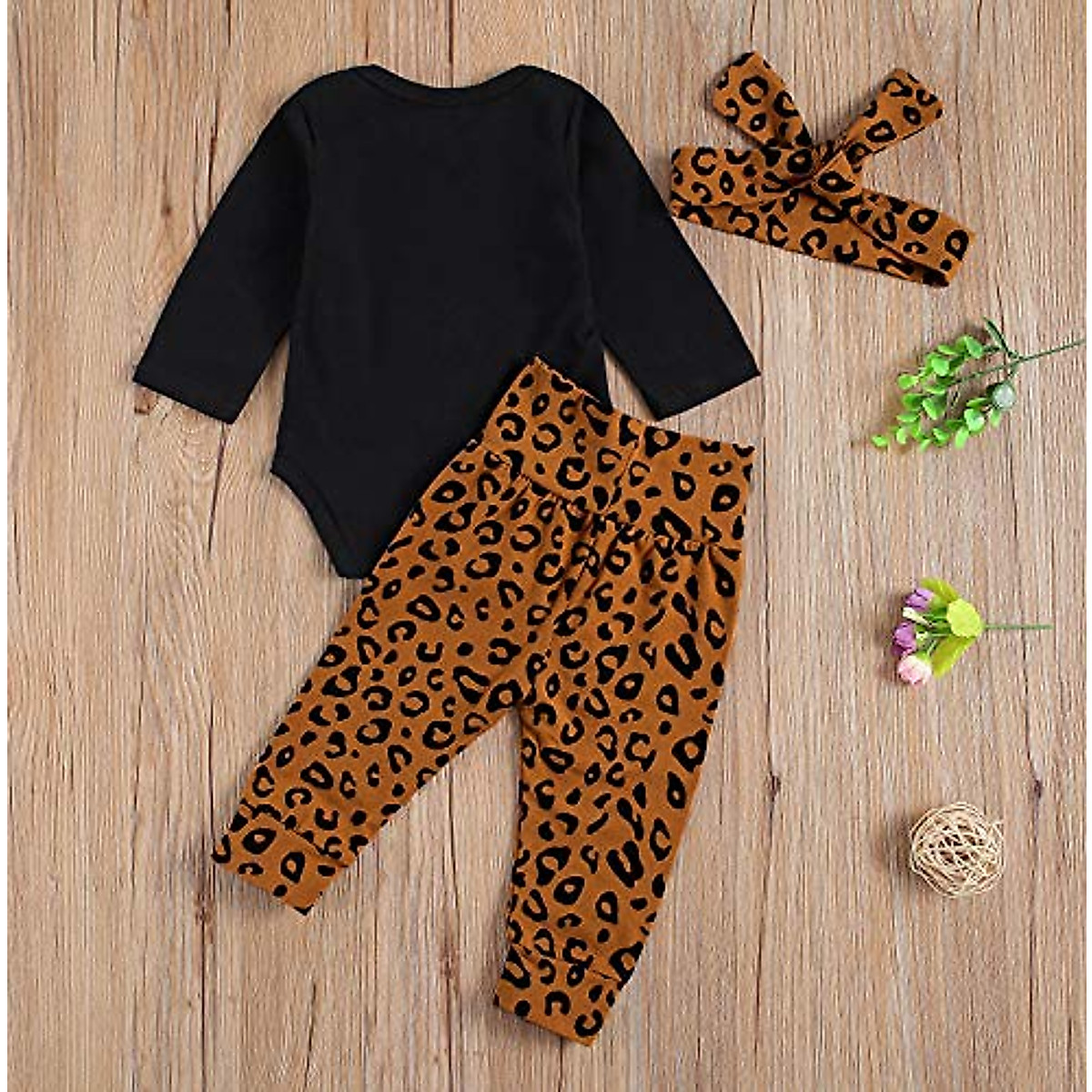 MAINESAKA Newborn Baby Girls 3pcs Outfit Set Auntie's Bestie Romper + Floral Pants Clothing Set(black + leopard 1,6-9 Months)