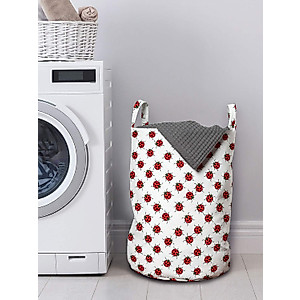 Ambesonne Cartoon Laundry Bag, Repetitive Ladybugs Pattern of Dotted Marked Animal Theme Funny Cartoonish Print, Hamper Basket with Handles Drawstring Closure for Laundromats, 13" x 19", White Red